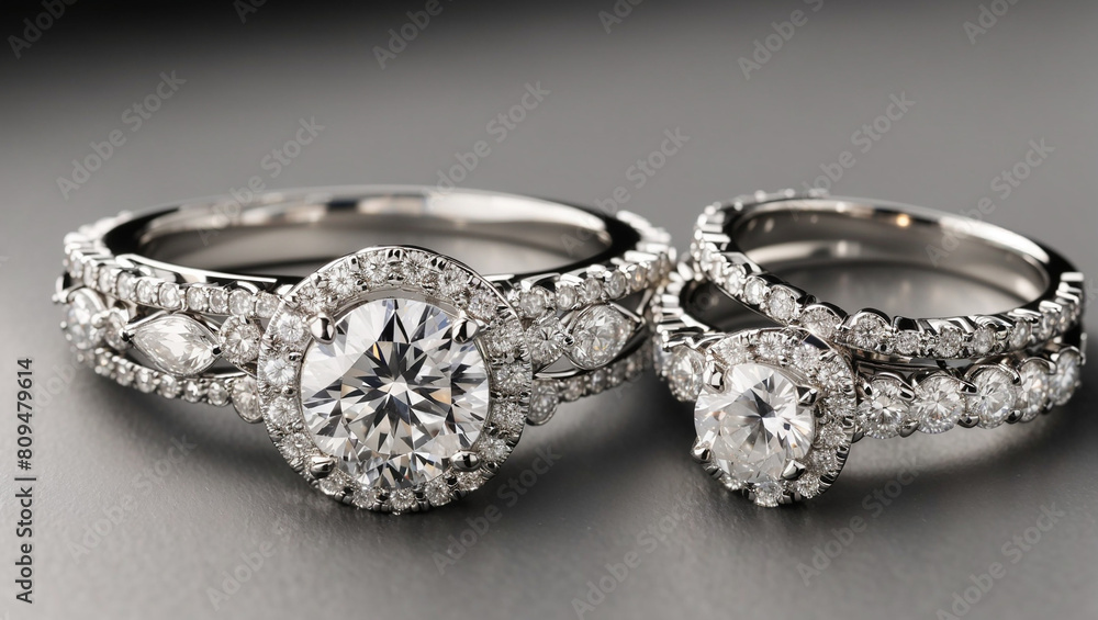 There are three rings in the image. The first is a diamond engagement ...