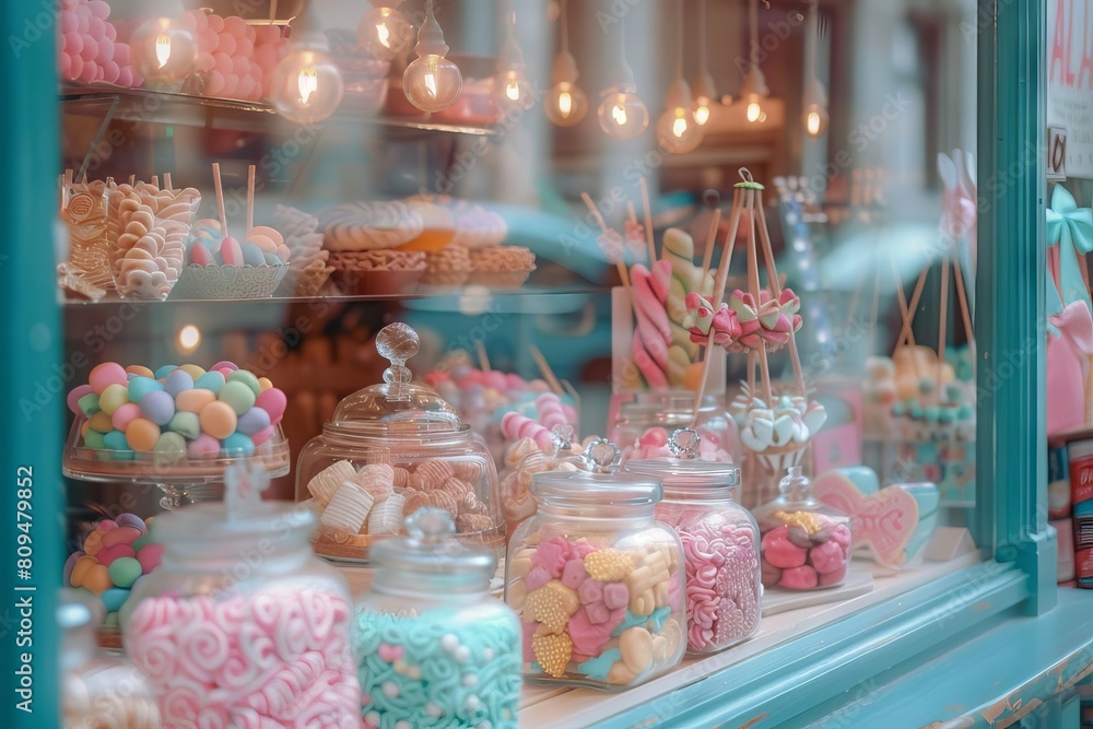 A vintage pastel candy shop window filled with colorful sweets and ...