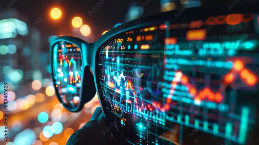 An analyst using augmented reality glasses to visualize market trends ...