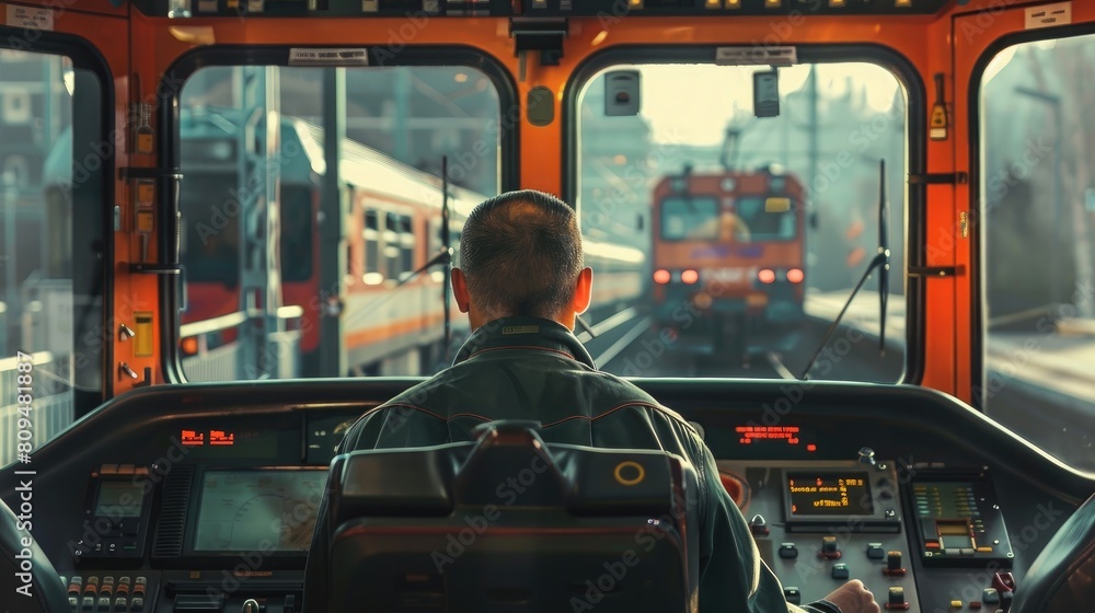 Portrait of Caucasian train driver sitting in driver's seat of subway ...