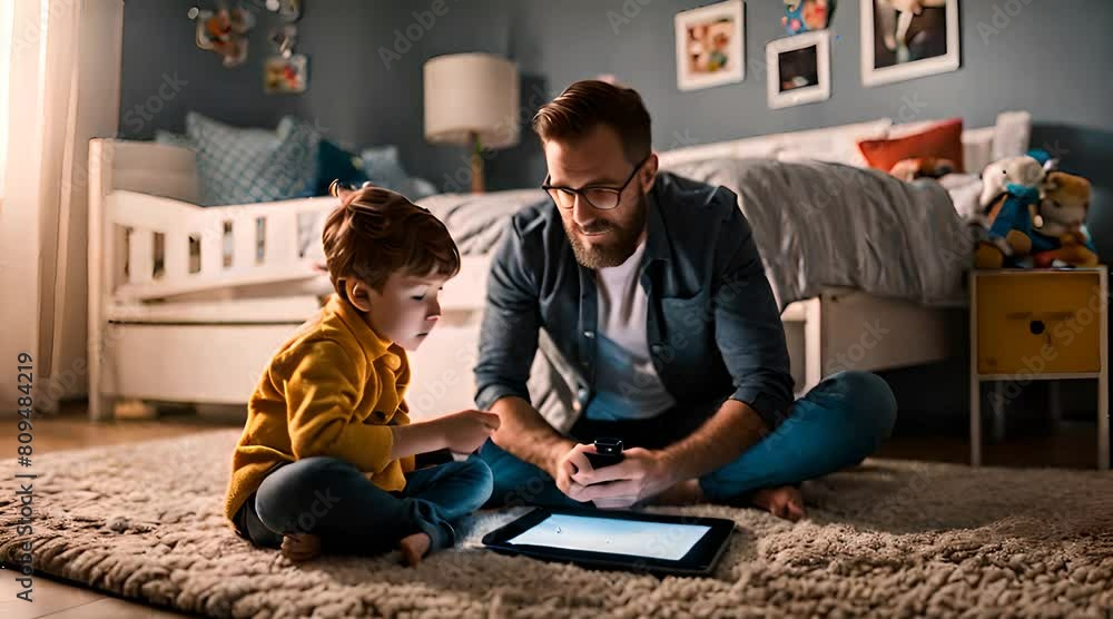 Family Tech Time. Dad Teaching Son to Use Tablet for Watching Cartoons ...