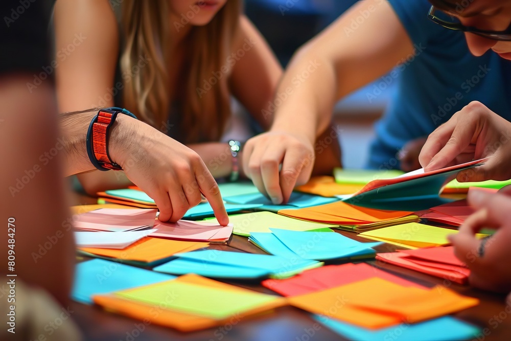Colleagues in a creative brainstorming session using colorful index ...