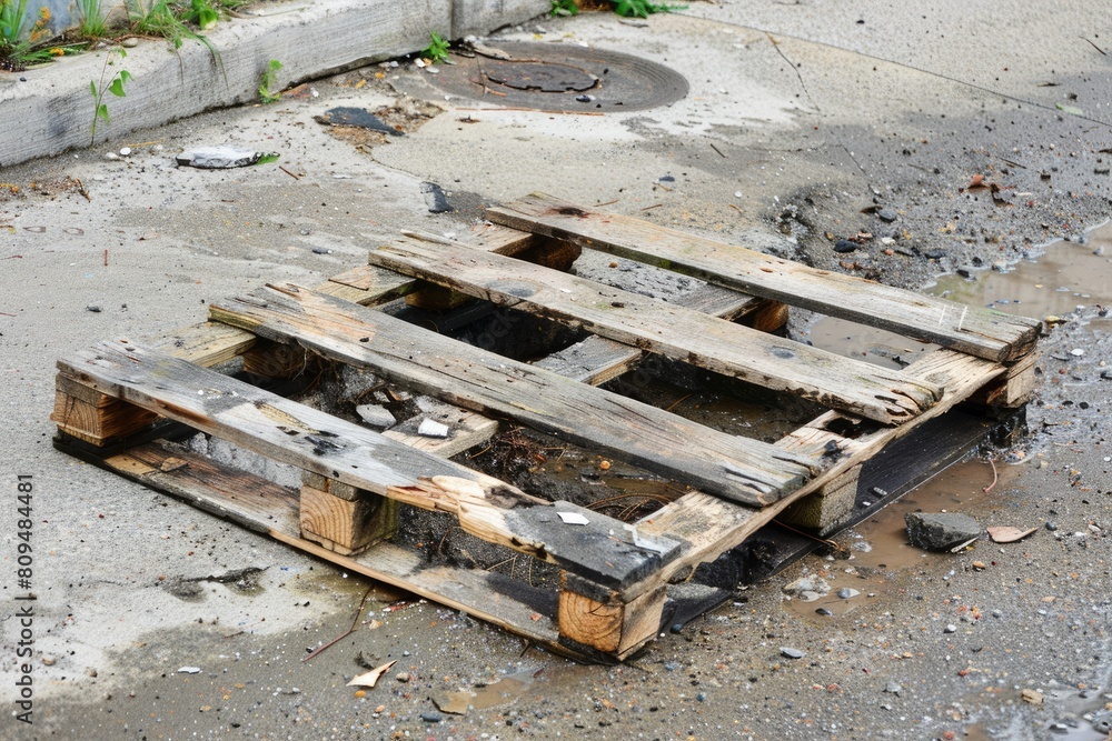Dangerous Open Manhole with Broken Pallet Shaft on Street. Cargo and ...