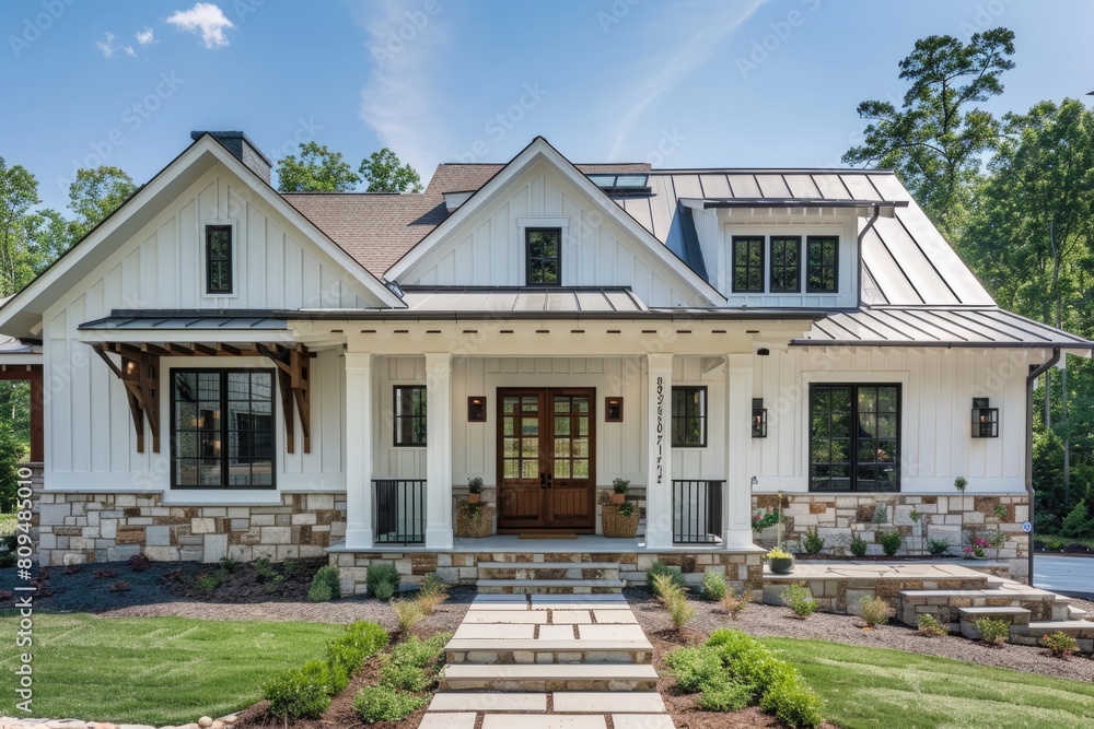 Board and Batten Siding on Home Facade with Stone Veneer. Front Porch ...