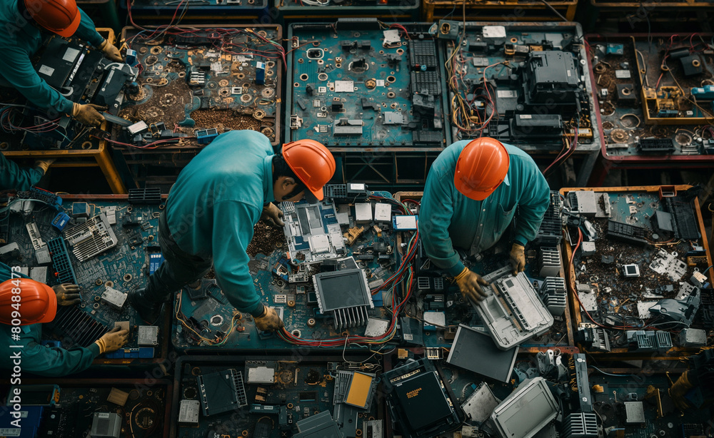 Electronic waste sorting center. Focus on workers disassembling parts ...