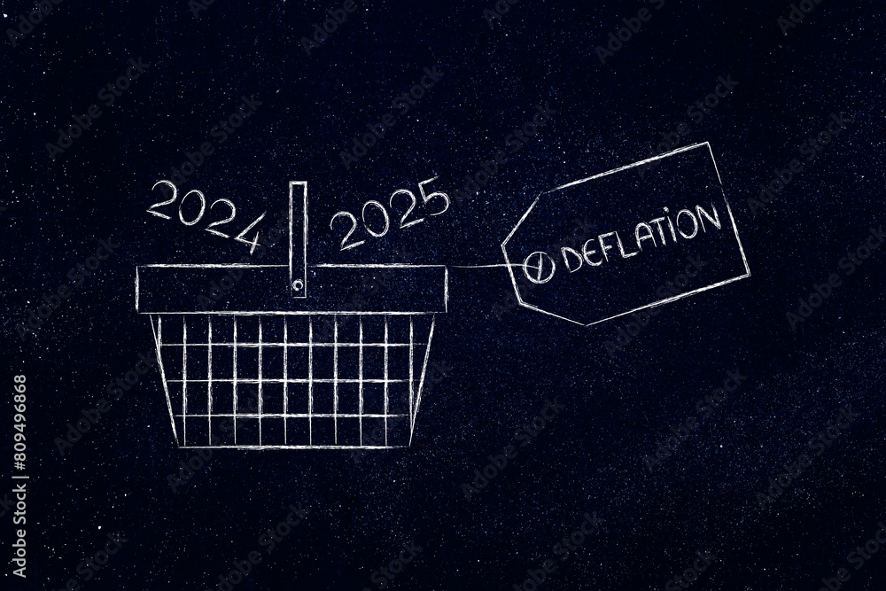 deflation price tag with shopping basket, reverse Inflation and fix the ...