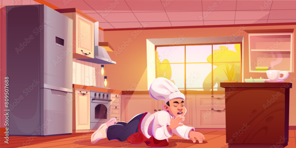 Chef in uniform and hat laying on floor of kitchen. Cartoon vector ...