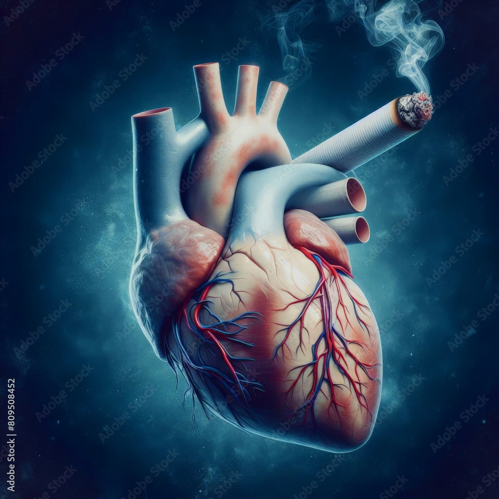 An anatomically correct human heart with a cigarette stuck in one tube ...