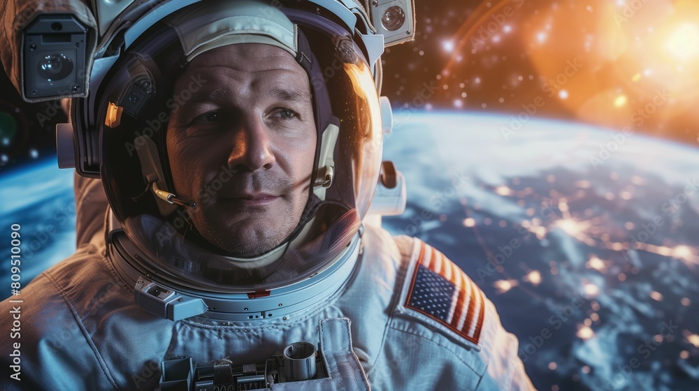 The picture of the astronaut flying in the space with the earth ...