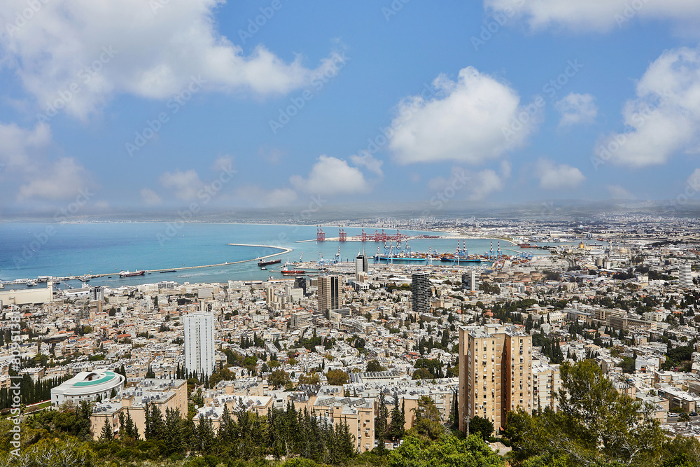 Seaport in the city of Haifa, panorama of the port and city buildings ...