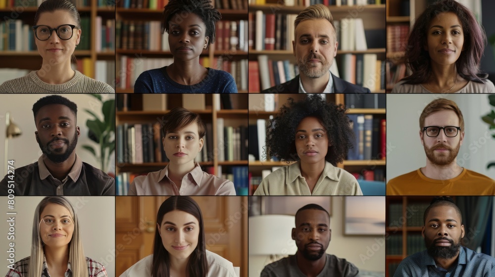 Remote workers in an online book club discussion, diverse faces on ...