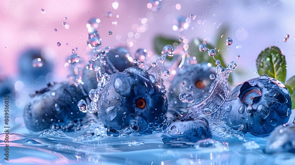 Food shot, super wide angle blueberries waterfall splash, liquid ...