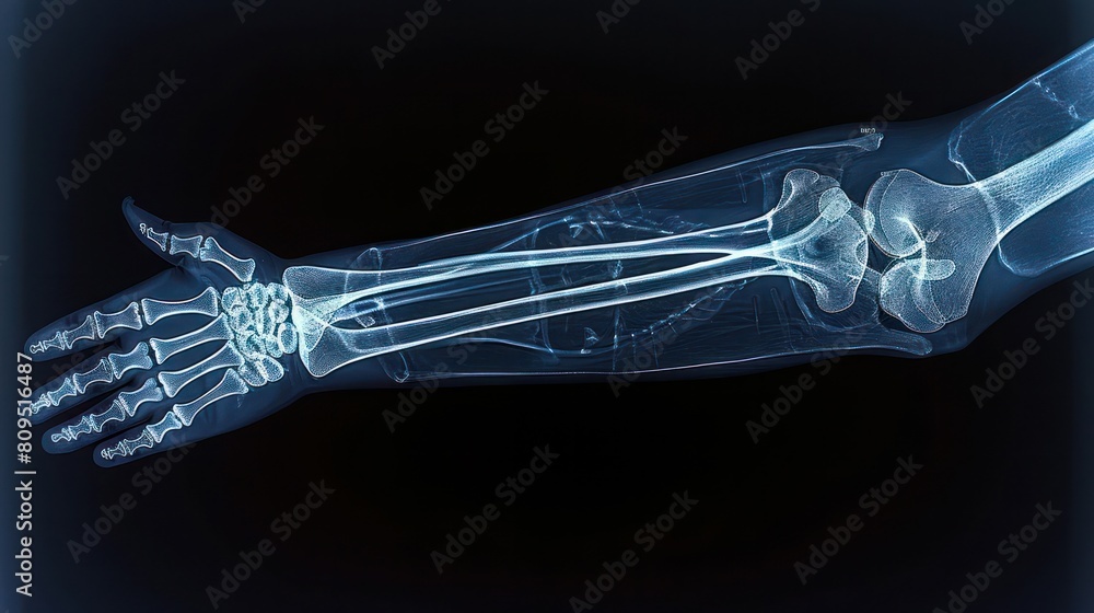 X-ray of a fractured arm, illustrating bone breaks and treatment ...