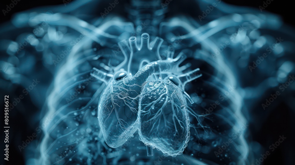 X-ray of a mechanical heart valve in a human chest, used in cardiology ...