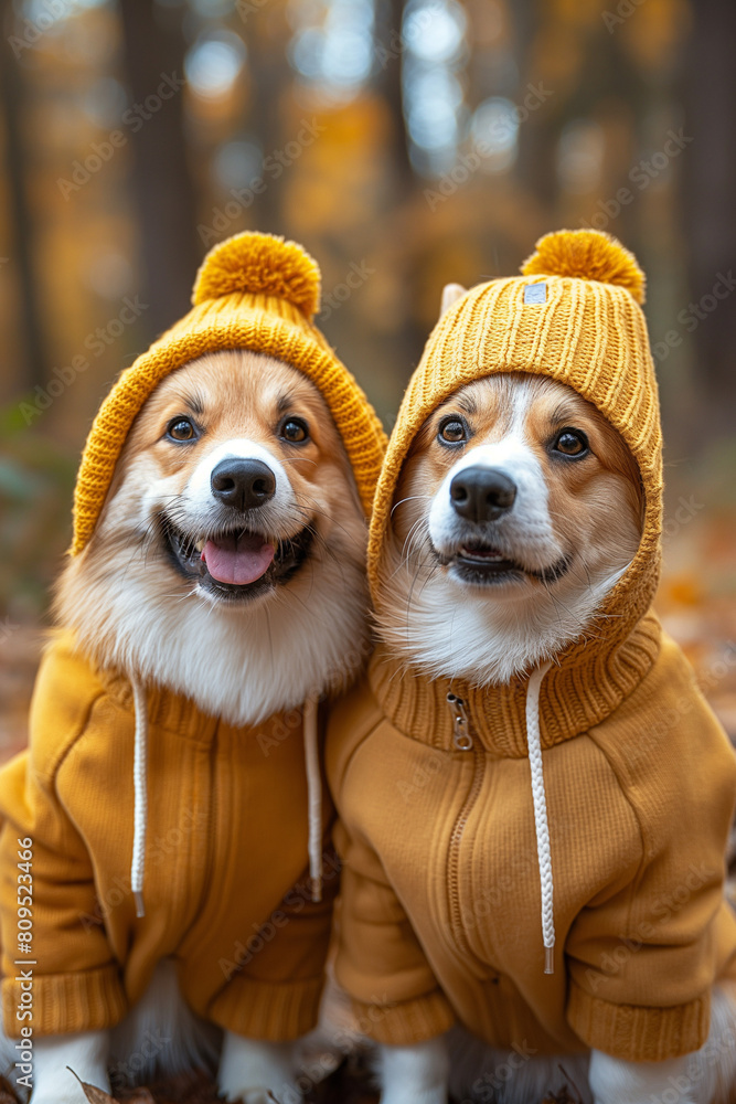 Two dogs wearing yellow hats and jackets are sitting next to each other ...