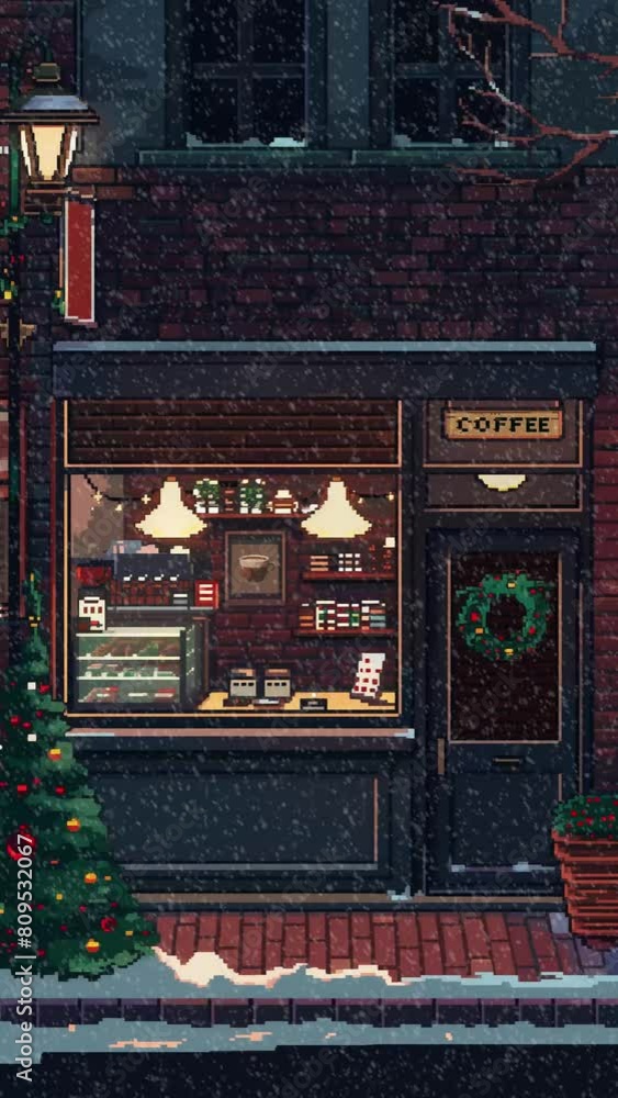 snowy christmas coffee shop, perfect 8 bit pixel art, cartoonish ...