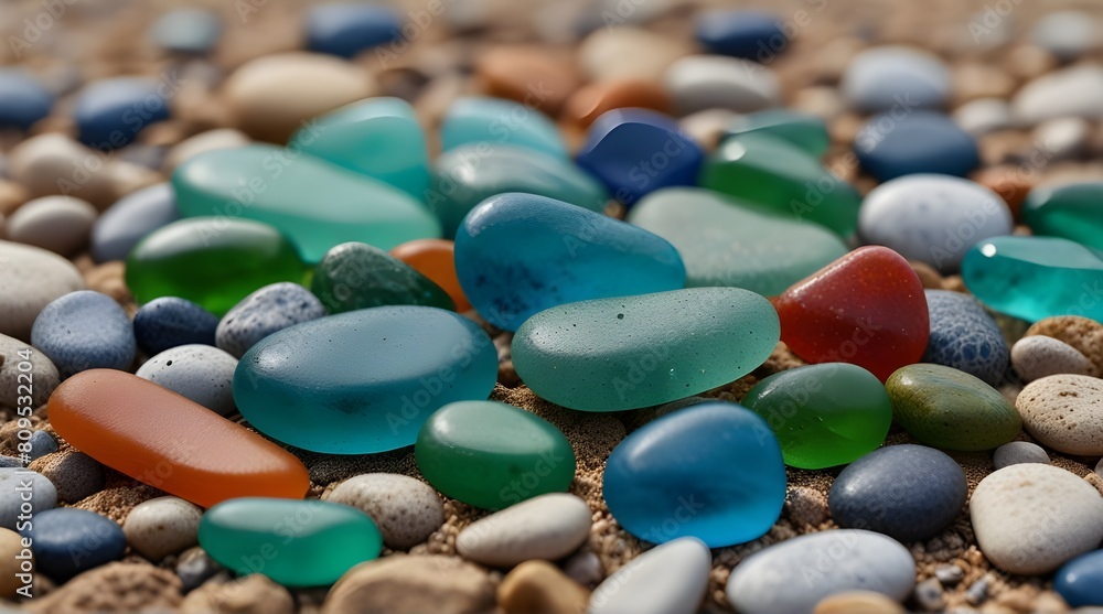Colorful gemstones on a beach. Polish textured sea glass and stones on ...