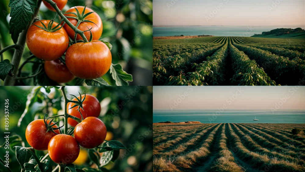 Tomatoes in a field with the ocean in the background. A vibrant scene ...