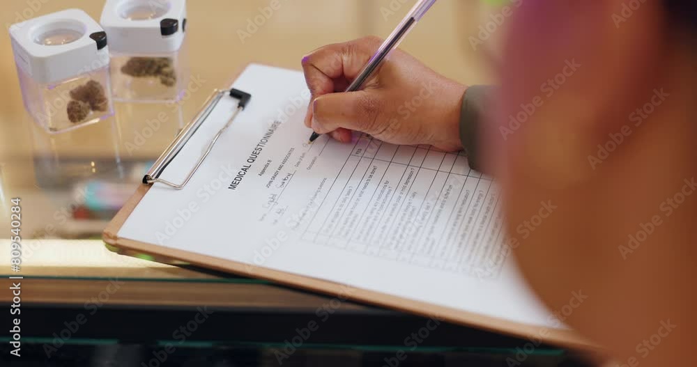 Legal, documents or hand signature for marijuana, license or medicinal ...