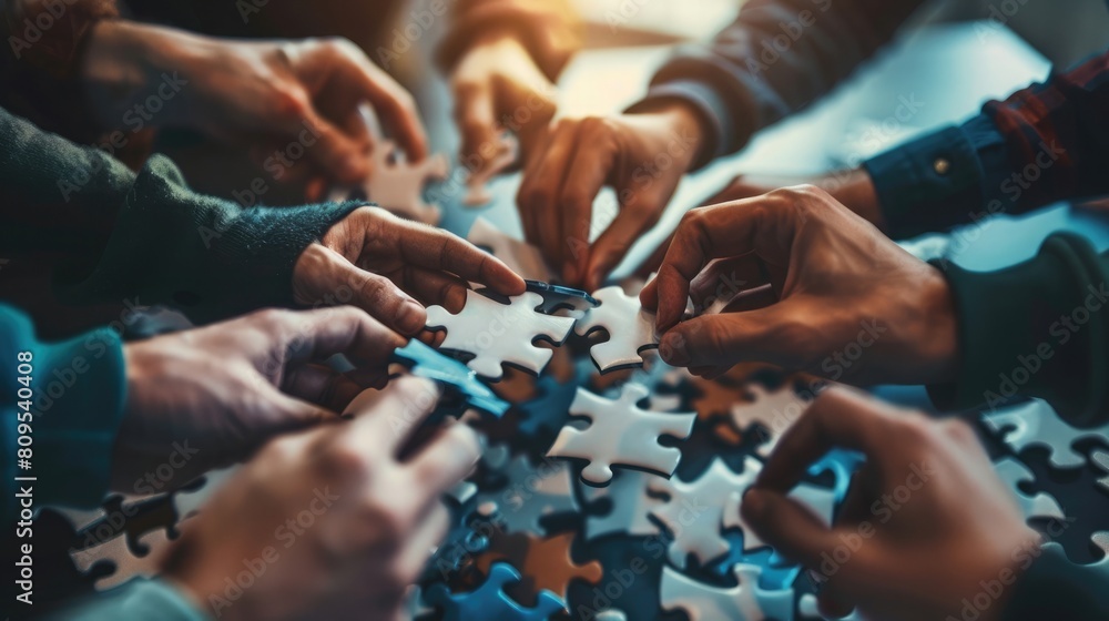 Unrecognizable group of people assembling a puzzle or solving a problem ...