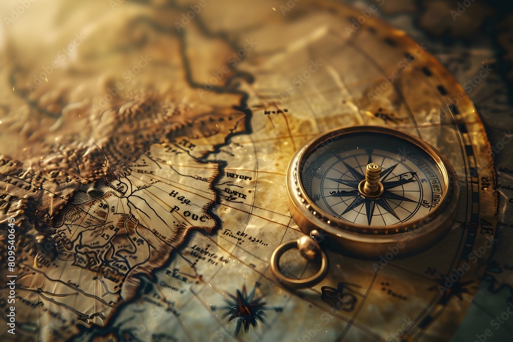A vintage compass and map spread open, ready for a journey of discovery ...