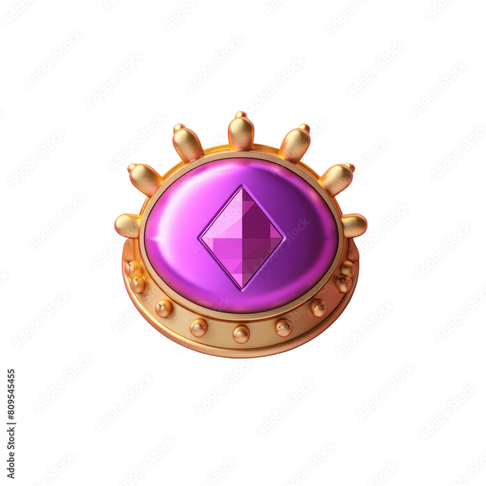 3D image of a royal purple and gold crown on a purple background. A ...