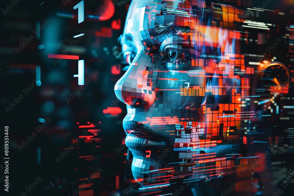 Design a face made up of distorted digital pixels, Futuristic ...