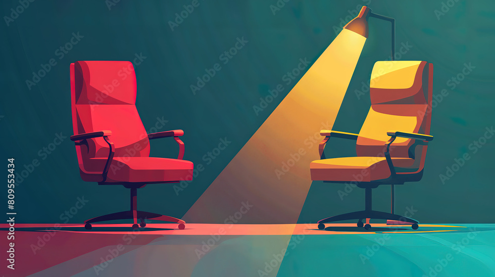 two office chairs facing each other under the spotlight, representing ...