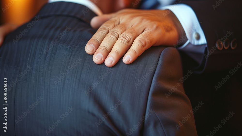 A hand placed on the shoulder of a man wearing a suit, indicating ...