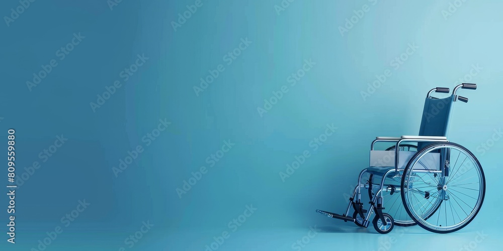 A blue wheelchair is sitting on a blue background. The wheelchair is ...