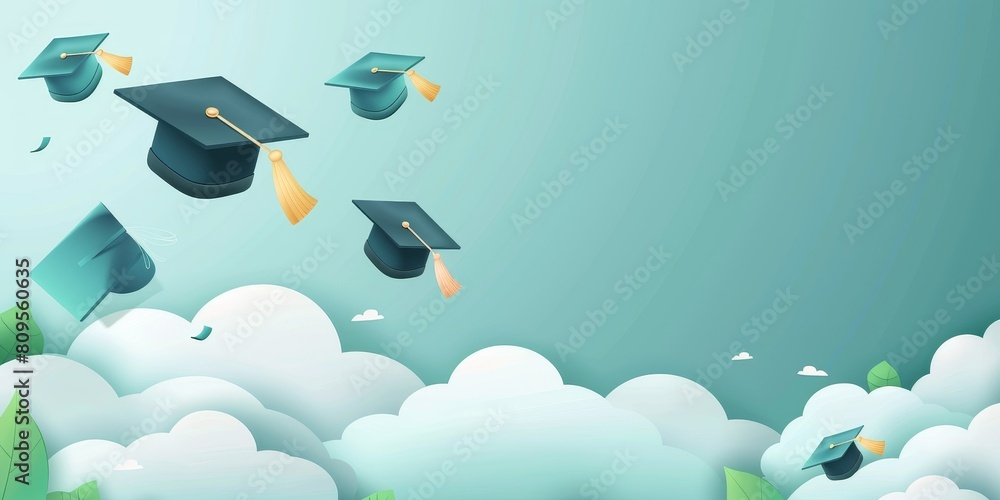 A blue sky with four graduation caps flying in the air. The caps are ...