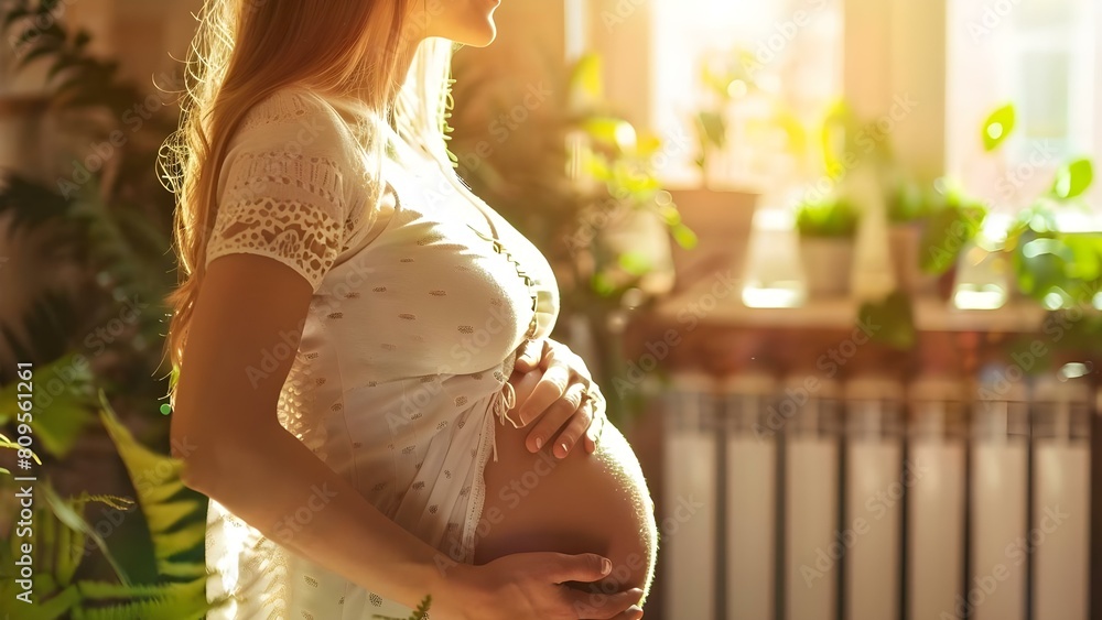Closeup image of a pregnant woman holding her belly indoors in sunlight ...