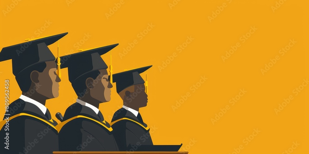 Three graduates stand side by side, each wearing a black cap and gown ...