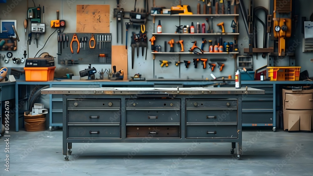 Blurry garage background with empty metal workshop desk for crafting ...