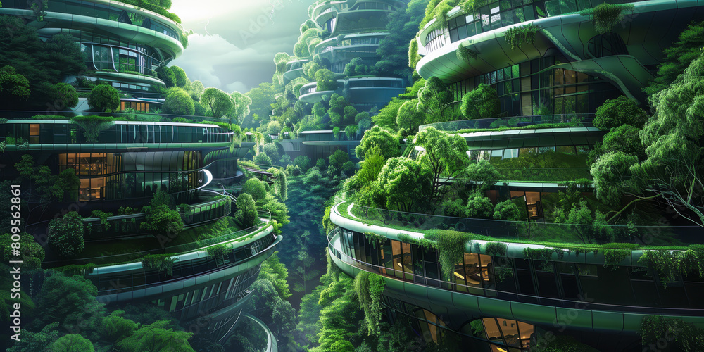Futuristic Eco-City Metropolis, Green Organic Architecture Utopia, Lush ...