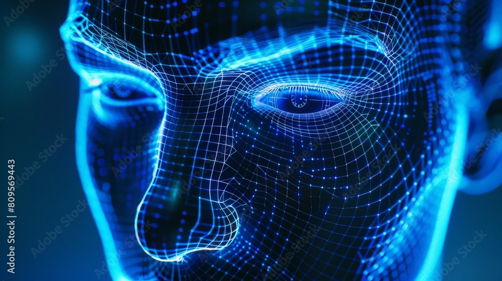 The image shows a glowing blue wireframe of a human face. The face is ...