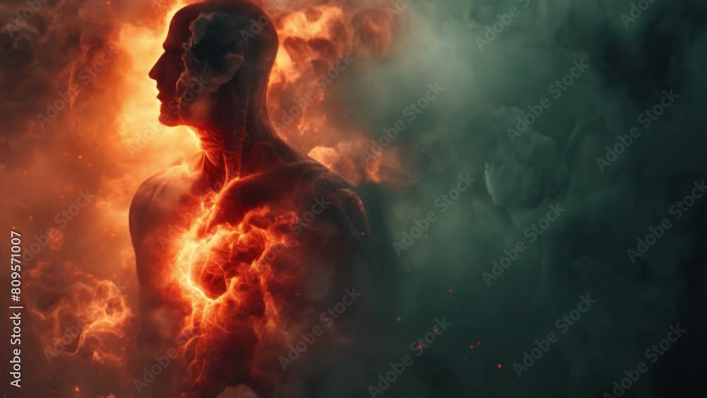 A human chest with an exploding heart inside, medical the image is dark ...