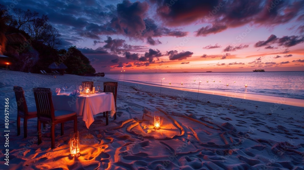 romantic dinner setup with candles on a tropical beach, surrounded by ...