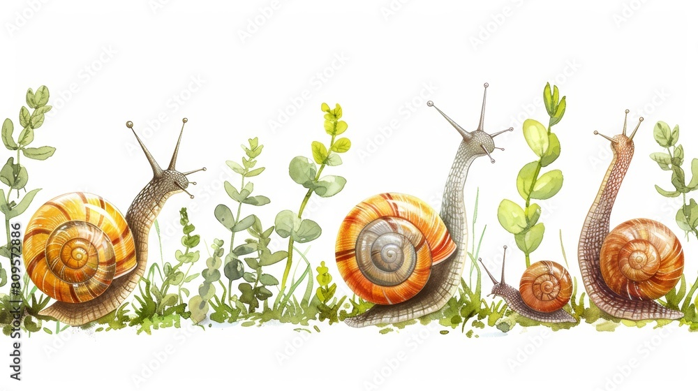 Cartoon snails feasting on green shoots in garden, cute characters ...