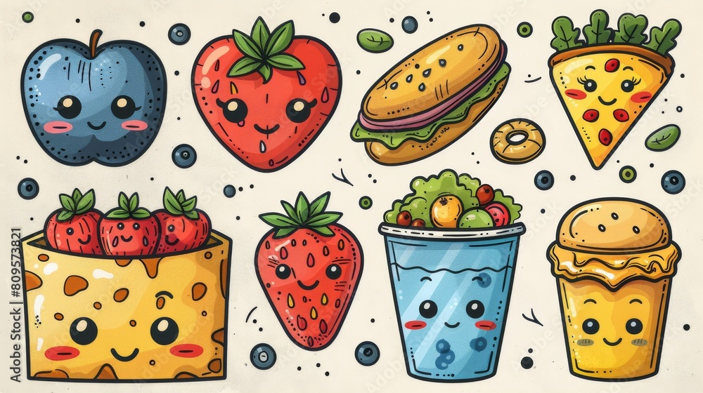 Doodle collection of colorful food and snack characters that are ...