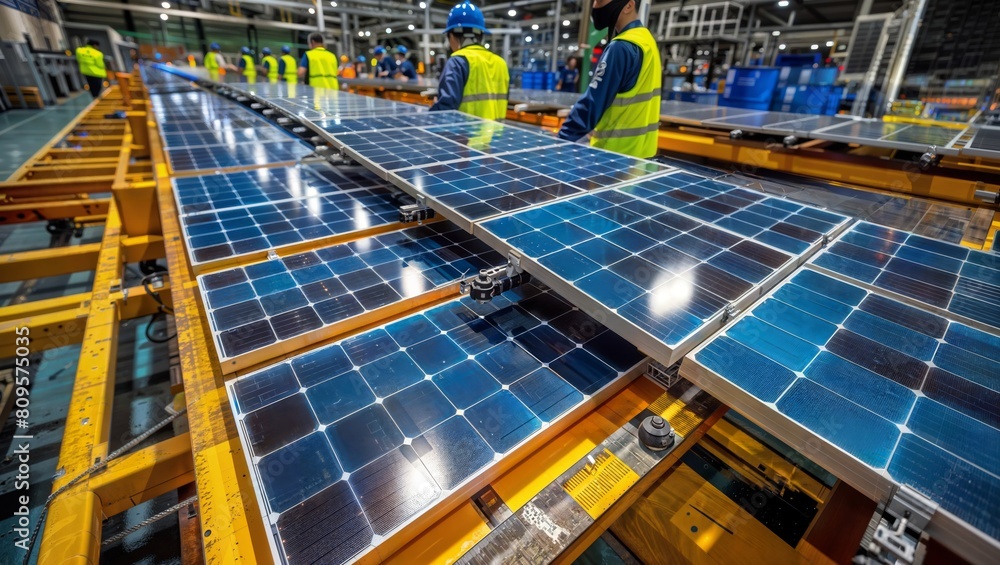 Solar panel manufacturing facility with workers in high visibility ...
