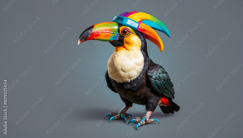 A brightly colored toucan is sitting on a gray background. The toucan ...