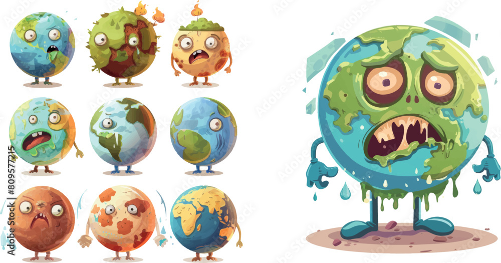 Pollution planet character. Cartoon planets mascots with ecology ...