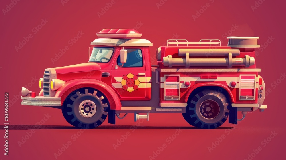 Modern illustration of firefighter vehicle side view isolated on red ...