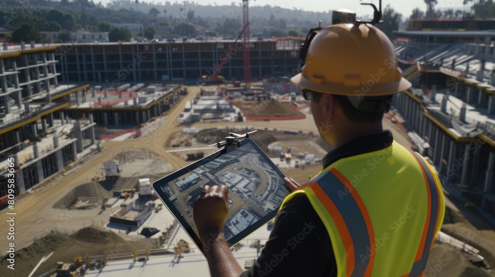 Back view of professional civil engineer holding tablet with building ...