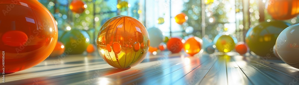 Design a visually striking image with floating balls at various angles ...