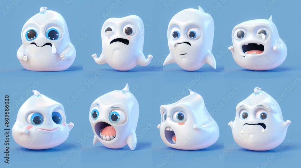Ghost character with different emotions on blue background. Cartoon ...