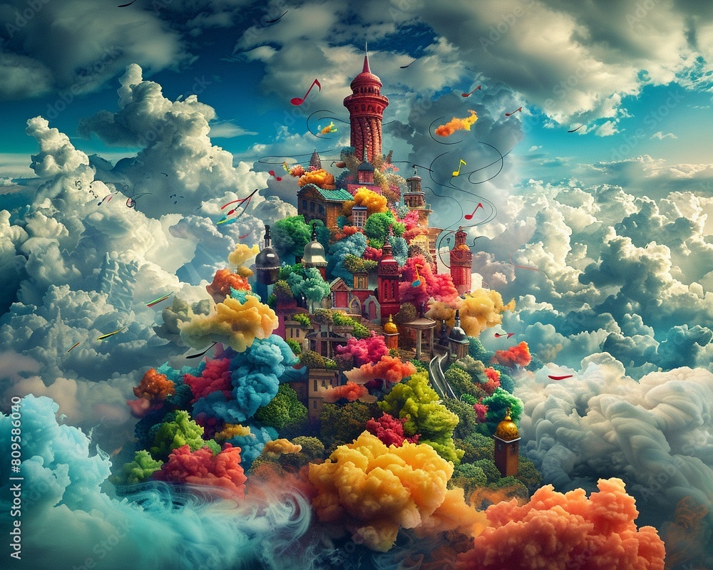 Craft an imaginative image depicting a surreal world where art forms ...