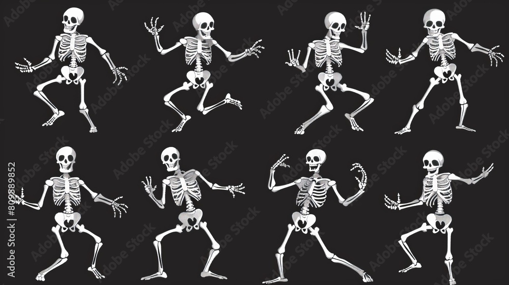 Various positions of a human skeleton isolated on black background ...