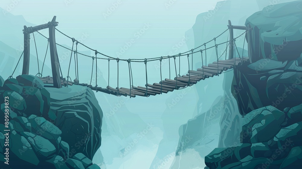 The rope bridge hangs above the foggy hillside, scenery rocky landscape ...